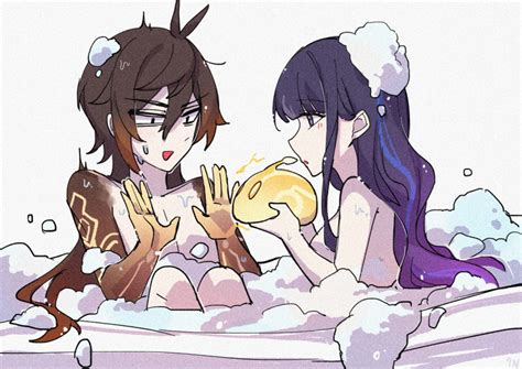 Rule 34 Bath Bathing Electro Slime Genshin Impact Raiden Shogun Soap Tagme Zhongli Genshin