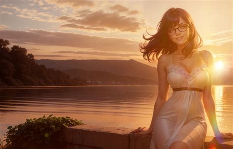 Обои Girl Dress Brunette Glasses Ai Art на телефон и рабочий стол