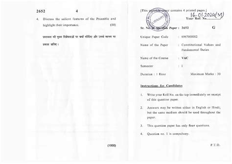 Constitutional Values And Fundamental Duties I 2734 4 Question Paper Contains 4 Printed College