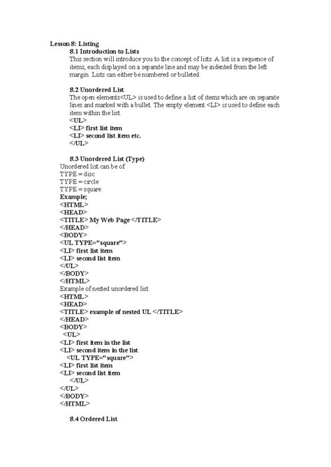 l8 introduction to lists lesson 8 listing 8 introduction to lists