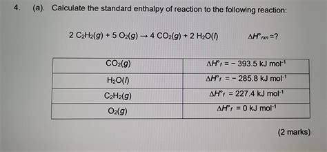 Solved A Calculate The Standard Enthalpy Of Reaction Chegg