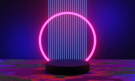 3d 일러스트레이션 렌더링 게임 플레이어 배경 추상화 된 벽지 사이버 크 스타일 메타버스 Sf 게임 무대 장면의 네온 반임 기단