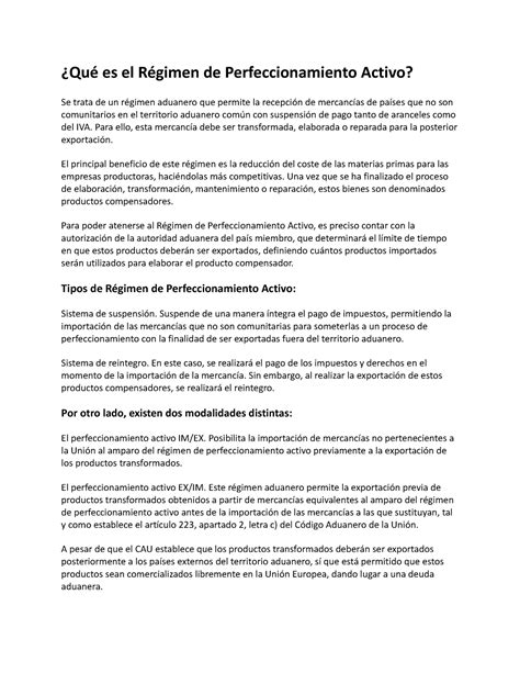 Qué es el Régimen de Perfeccionamiento Activo Qué es el Régimen de
