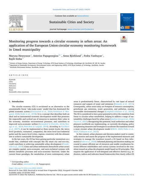 Pdf Monitoring Progress Towards A Circular Economy In Urban Areas An