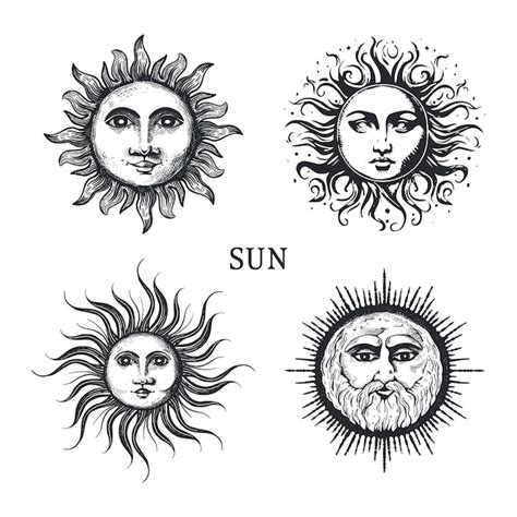 Collection Sun Dessin à La Main Dans Le Style De Gravure Illustration