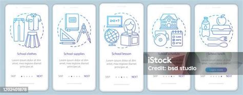 교육 온보딩 모바일 앱 페이지 화면 벡터 템플릿입니다 지식 확보 선형 그림이 있는 학교 학습 연습 웹 사이트 단계 Ux Ui Gui 스마트폰 인터페이스 컨셉 5에 대한 스톡