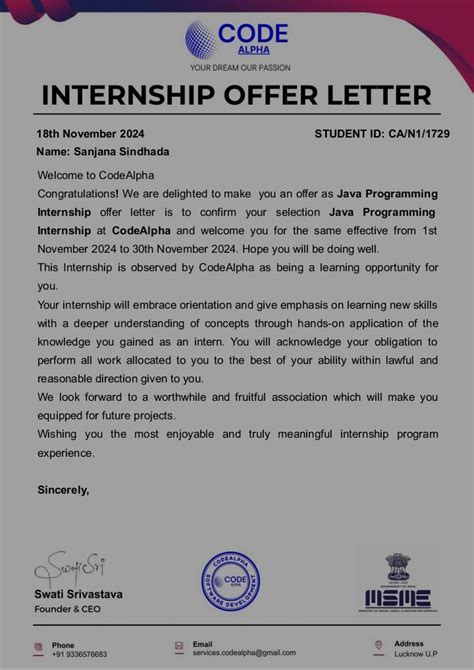 Sanjana Sindhada On Linkedin Internship Javaprogramming Codealpha