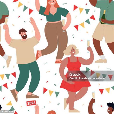 다양한 사람들과 함께 벡터 매끄러운 패턴 그들은 축하하고 샴페인을 마시고 춤을 춘다 현대적인 평면 그림 2023년에 대한 스톡 벡터 아트 및 기타 이미지 Istock