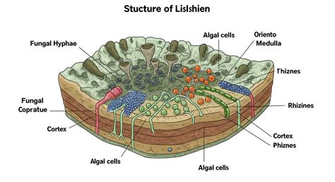 Cross Section Illustration Of A Lichen Structure With Labeled Components Stock Illustration