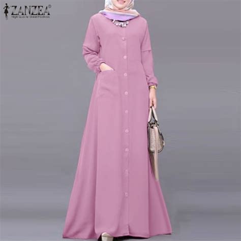 HijabFab ZANZEA Muslimah Women Muslim Abaya Long Sleeve Maxi Dress
