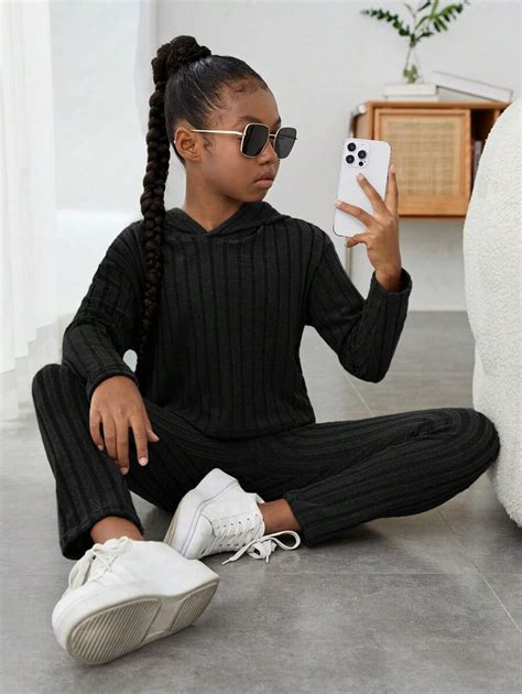 Shein Tween Girl Solid Hooded Tee And Pants Shein Usa