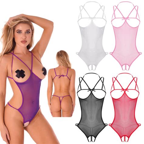 Miaeowve Womens See Through Mesh Crotchless Bodysuit Hollow Out Halter