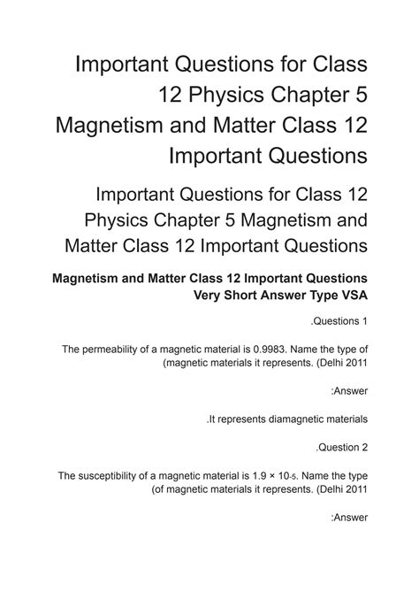 Solution Important Questions For Class 12 Physics Chapter 5 Magnetism