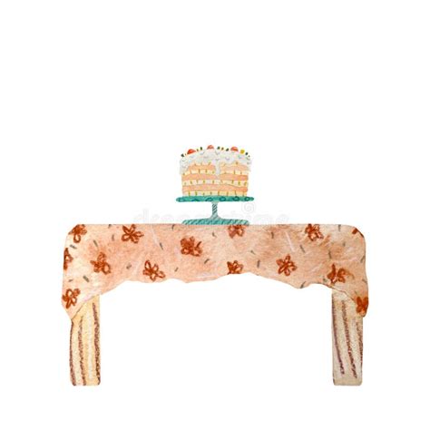 Mesa De Bolo Texturizada Parto Feliz Esboço Aquarela Ilustração Stock