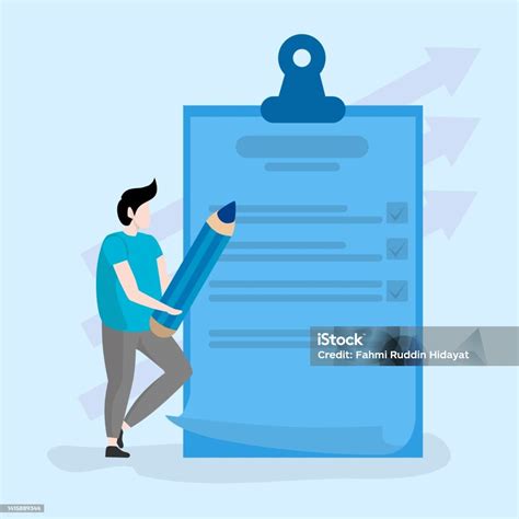 클립 보드와 펜을 가진 사업가 작업 및 작업에 대한 체크리스트 직업 체크리스트를위한 연필을 가진 남자 직업 체크리스트의 플랫