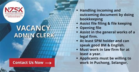 Admin Clerk Vacancy Ng Zainurul Seke And Khoo Law Firm