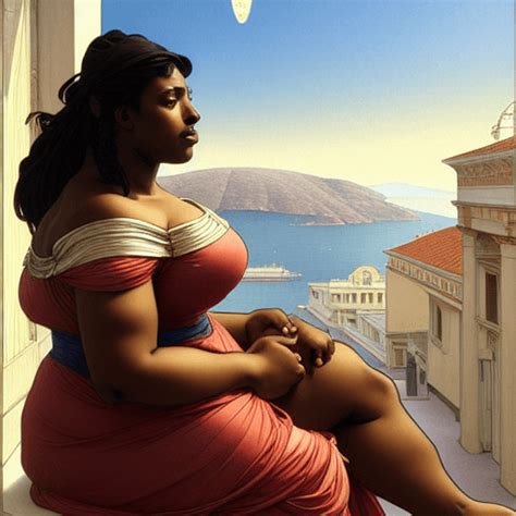 Full Body Realistic Dark Skinned Plus Size Greek Woman Sitting On