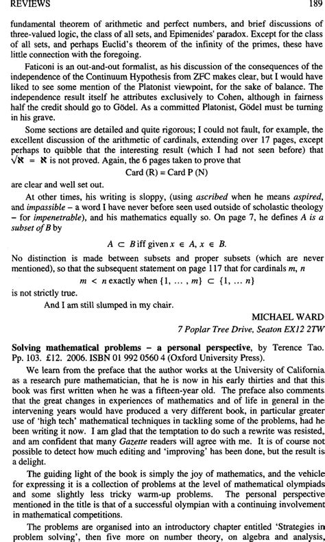 Solving Mathematical Problems A Personal Perspective By Terence Tao Pp 103 £12 2006 Isbn