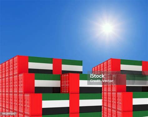 아랍 에미리트 국기의 국기와 컨테이너의 전체 컨테이너 마당 3d 그림 경제에 대한 스톡 사진 및 기타 이미지 경제 구매 국가 관광명소 Istock