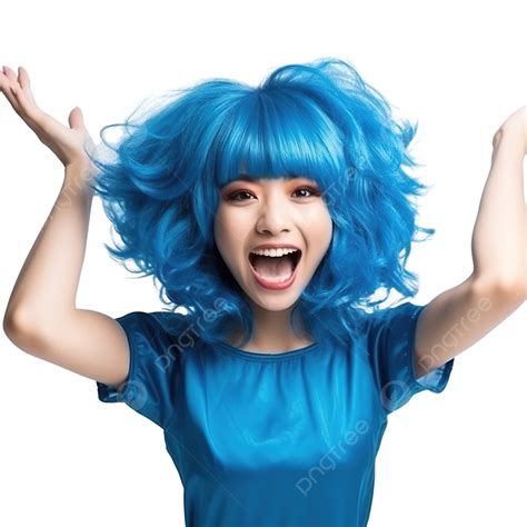 Image Of Joyful Asian Girl In Blue Wig Dancing Celebrating Halloween