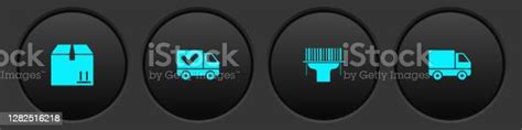 교통 배달 트럭 확인 표시 스캐너 스캐닝 바코드 및 화물 차량 아이콘이있는 골판지 상자를 설정합니다 벡터 건강관리와 의술에 대한 스톡 벡터 아트 및 기타 이미지 Istock