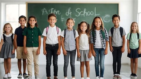 Group Of Elementary Students In Casual Clothes Standing In A Classroom