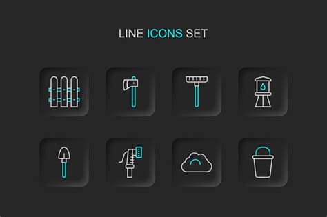 세트 라인 양동이 흐린 날씨 정원 호스 삽 급수탑 갈퀴 나무 도끼 및 울타리 나무 아이콘 벡터 건초 식물에 대한 스톡 벡터 아트 및 기타 이미지 Istock