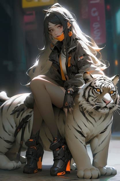 Premium Ai Image Tech Girl And Her Tiger