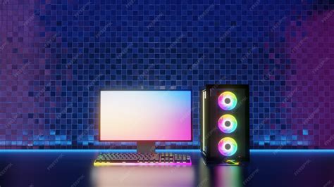 Premium Photo Game Room Computer Desktop With Blue Pattern Wall Modern Pc Computer White