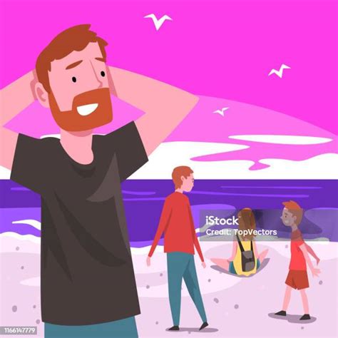 일몰에 여름 시간에 해변에서 휴식을 취하는 사람들 바다 또는 바다와 열대 리조트 풍경 남자와 아이 산책과 해변 벡터 일러스트 에