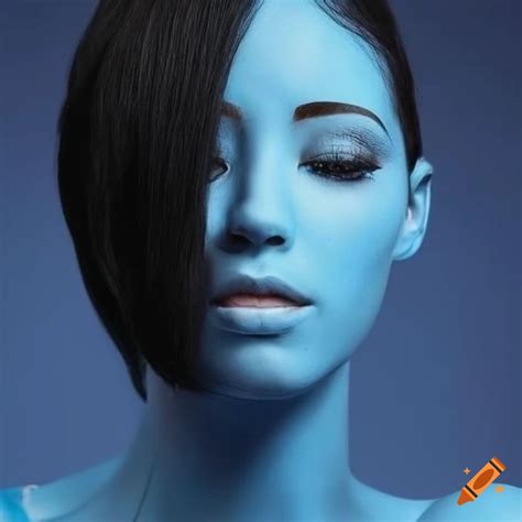 Blue Skinned Humanoid Woman With Wavy Black Hair In A Summer Dress At A