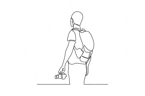 Dessin Au Trait Unique Garçon Heureux Avec Costume De Vacances Et Sac