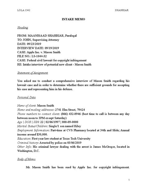 Memo Assignment Intake Memo For Federal Civil Litigation Course