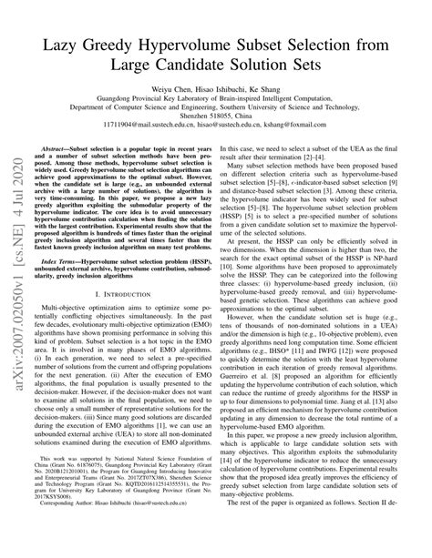 Pdf Lazy Greedy Hypervolume Subset Selection From Large Candidate Solution Sets