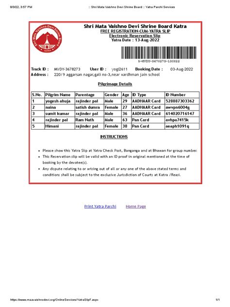 Shri Mata Vaishno Devi Shrine Board Yatra Parchi Services Pdf
