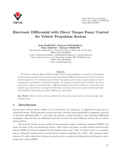 Pdf Electronic Differential With Direct Torque Fuzzy Control For