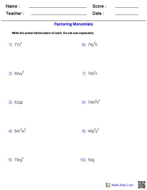 Common Monomial Factoring Worksheet Commonworksheets