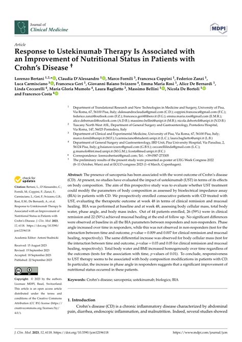 Pdf Response To Ustekinumab Therapy Is Associated With An Improvement Of Nutritional Status In