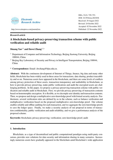 Pdf A Blockchain Based Privacy Preserving Transaction Scheme With