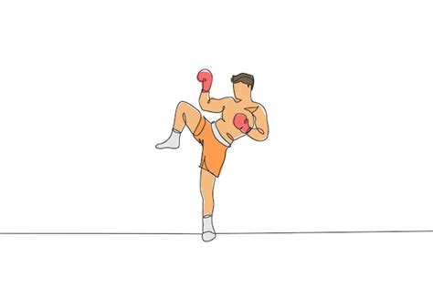 Un dibujo de línea continua de un joven boxeador deportivo muay thai peleando una patada en el