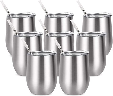 Gingprous 8 Pack 12oz Stainless Steel Travel Wine Tumblers Lid And Straw
