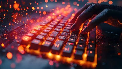 Glowing Keyboard With Fiery Embers And A Clawed Hand Typing Intense Digital Art Stock