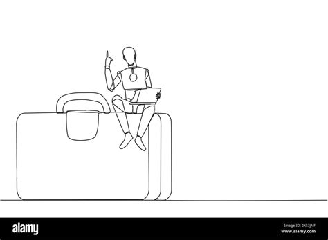 Continuous One Line Drawing Robotic Artificial Intelligence Sitting On Giant Briefcase Holding