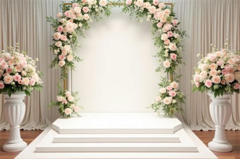 White Floral Wedding Arch With Steps And Vases Premium Ai Generated Image