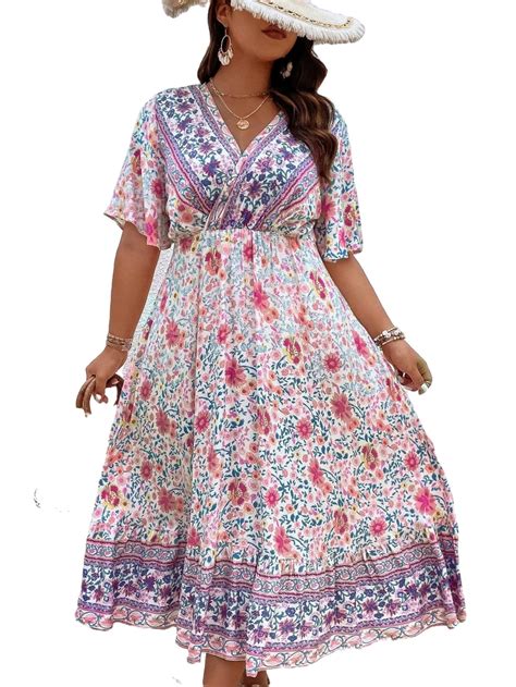 Womens Boho Floral A Line V Neck Multicolor Elbow Length Plus Size