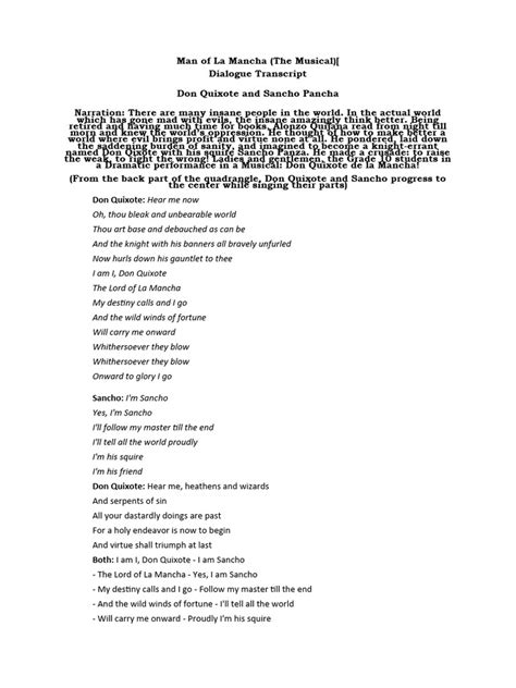 Man Of La Mancha Musical Script Edited Pdf Don Quixote