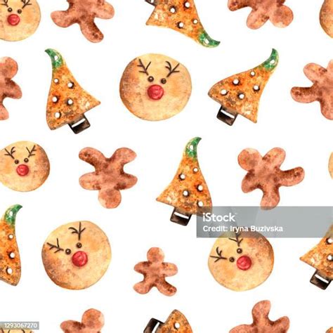 수채화에 그려진 매끄러운 크리스마스 휴가 패턴 손 계절 선물 포장 카드 섬유 프린트 빵집 새해 파티 장식 진저 브레드 남자