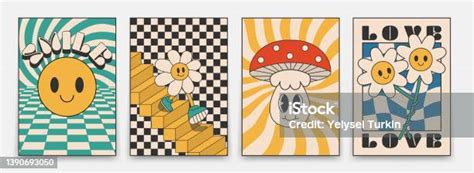 밝은 그루비 포스터 컬렉션 70 년대 환각적인 꽃과 버섯이 있는 복고풍 포스터 그런 지 질감의 빈티지 프린트 복고풍에 대한 스톡 벡터 아트 및 기타 이미지 Istock
