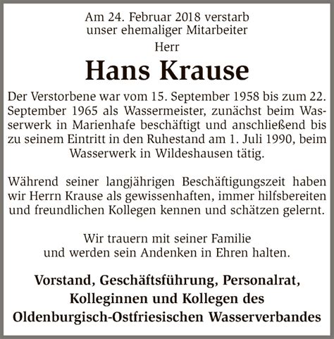 Traueranzeigen Von Hans Krause Trauer Kreiszeitung De