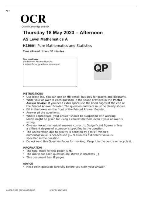 OCR AS Level Mathematics A H JUNE QUESTION PAPER Pure Mathematics And Statistics